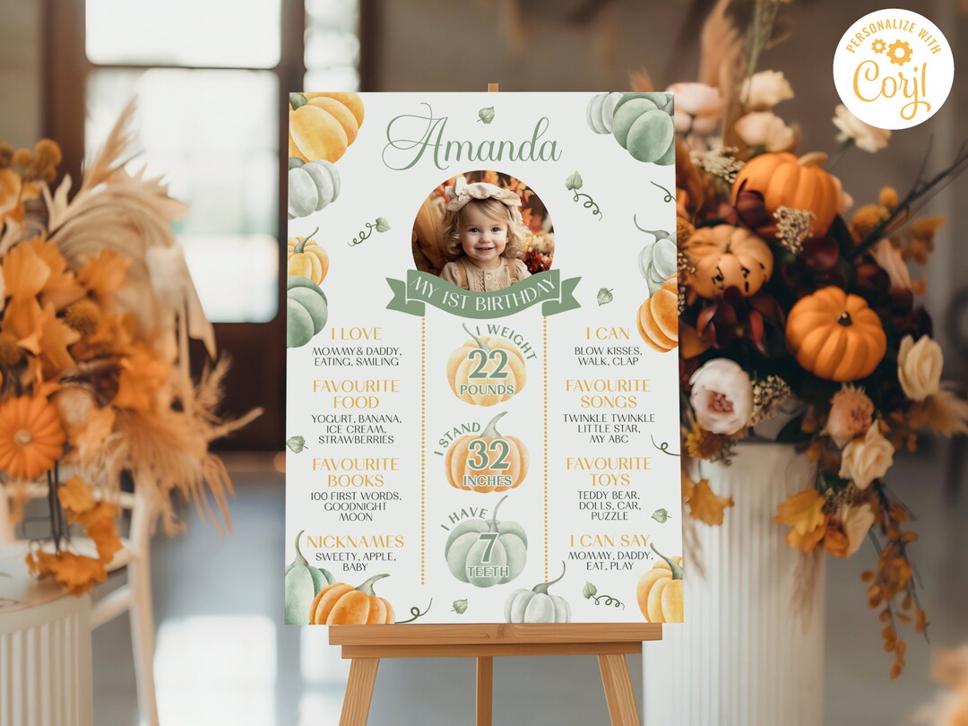 Fall First Birthday Party Timeline, Pumpkin 1st Birthday Milestone ...