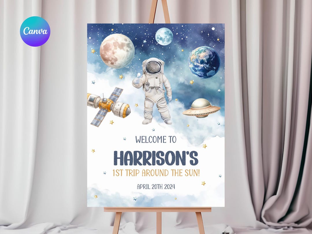Editable Outer Space 1st Birthday Welcome Sign, First Trip Around the ...