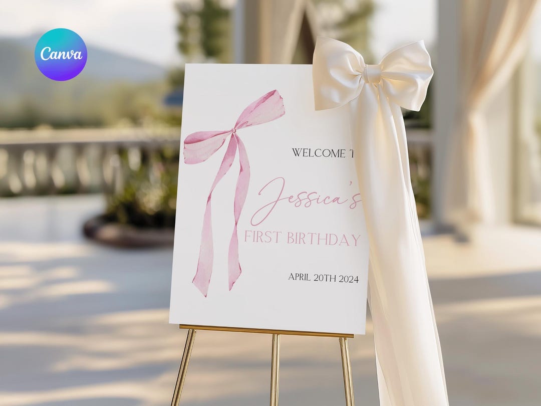 Coquette 1st Birthday Welcome Sign, Pink Ribbon First Birthday Welcome ...