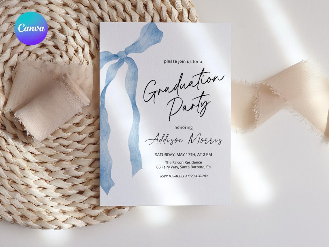 Blue Bow Graduation Invitation, Coquette Graduation Invite Card, Cute ...