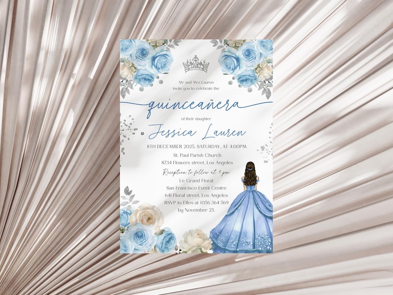 Light Blue Floral Quince Invite, Sky Blue Quinceañera Invitation ...