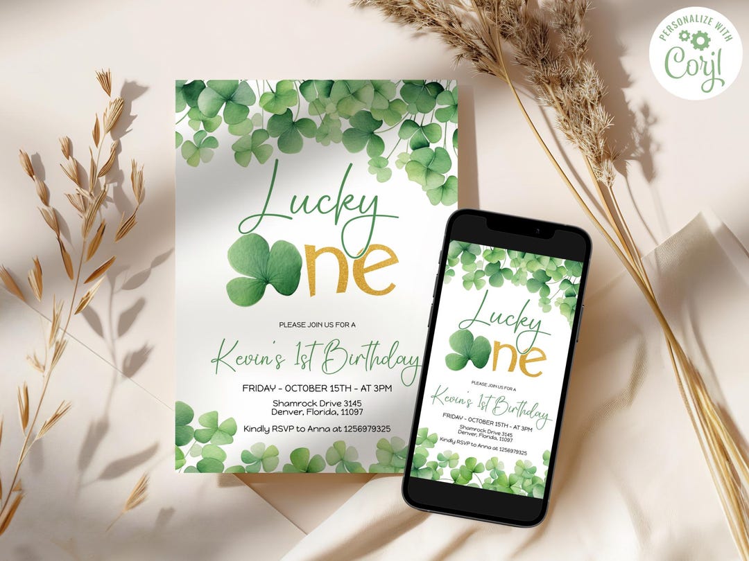 Editable Lucky One Birthday Invite Set, Irish 1st Birthday Party Invite ...