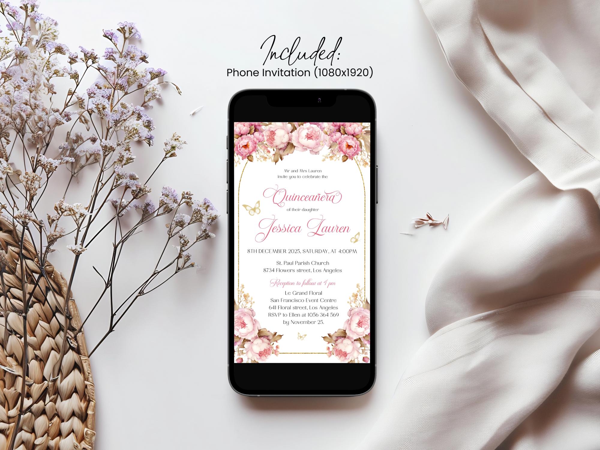 Invitación de quinceañera rosa suave, Quince rosa rubor Evite ...