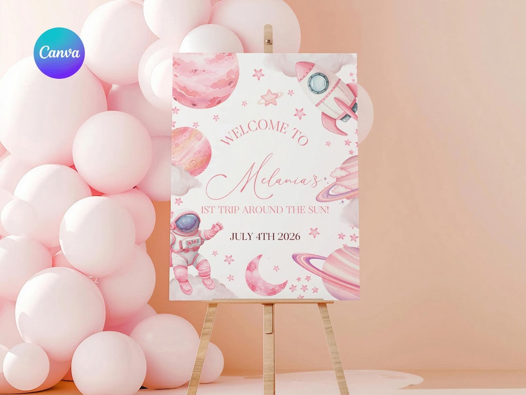 Space Theme Welcome Poster – Pink Rocket First Birthday Door Sign ...