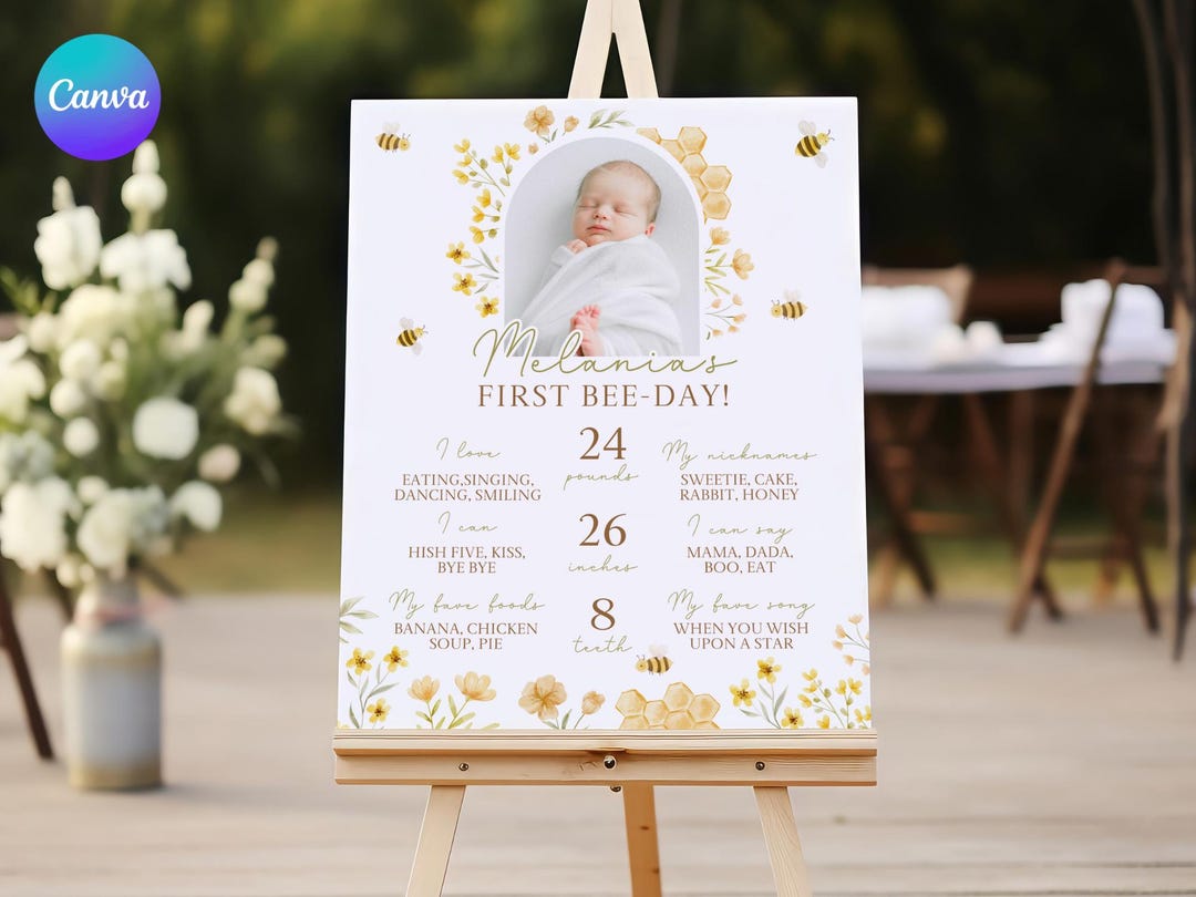 Printable Bee 1st Birthday Milestone Board, Honey Bee First Birthday ...