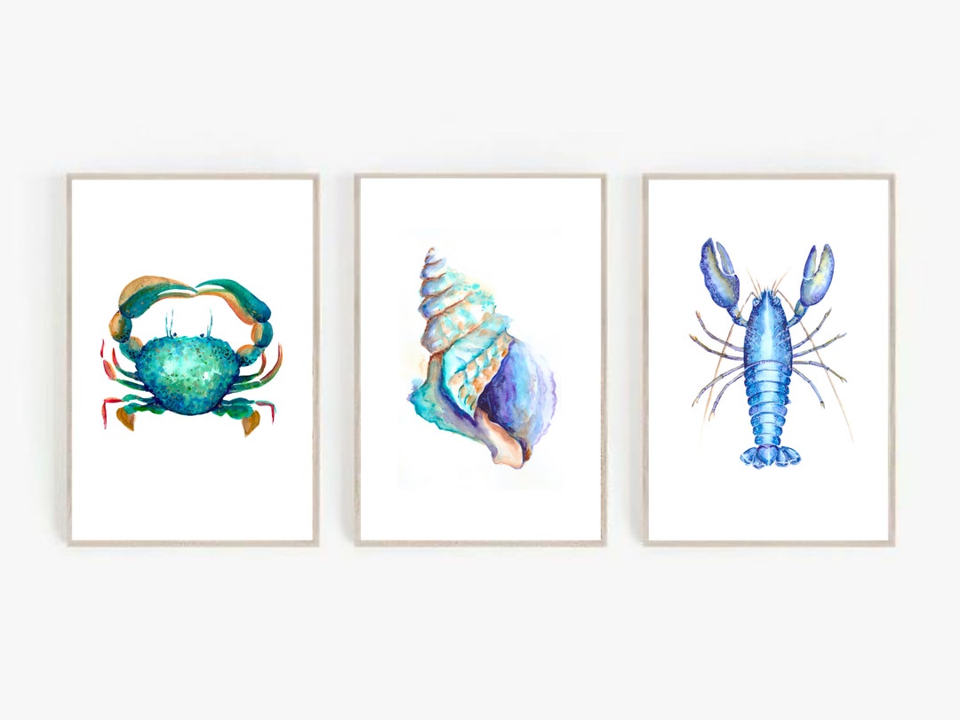 Sea Creatures Watercolor Print of 3, Nautical Wall Art Prints for Beach ...