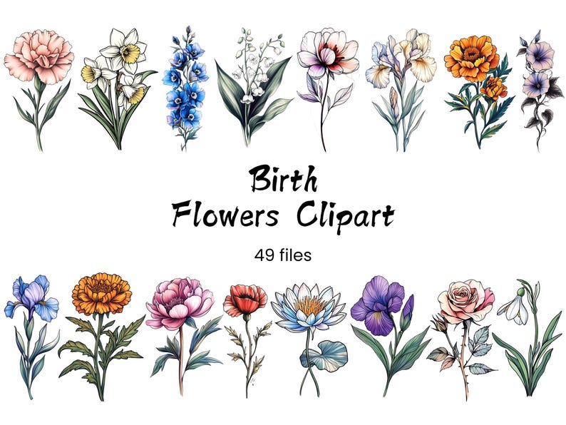 Birth Month Flower Clipart, Birthflower 49 PNG Bundle, Birth Month ...