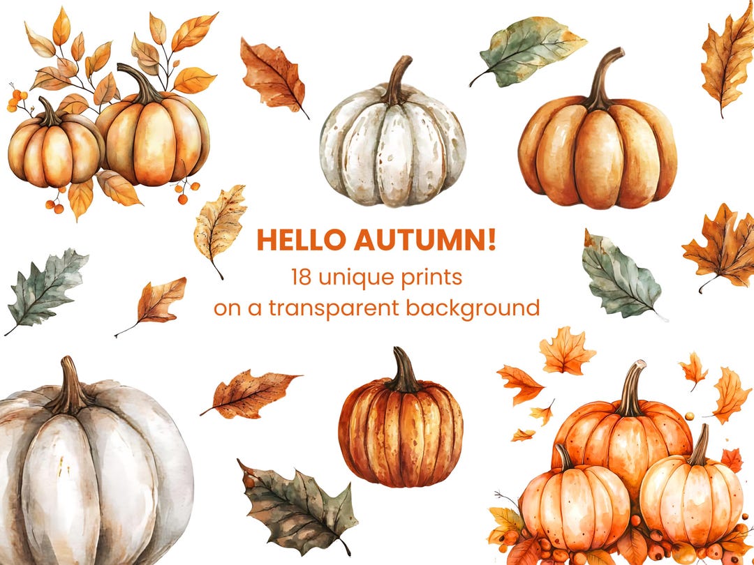 Fall Pumpkins Clipart Set of 18 PNG, Autumn Leaves & Cute Cats Bundle ...