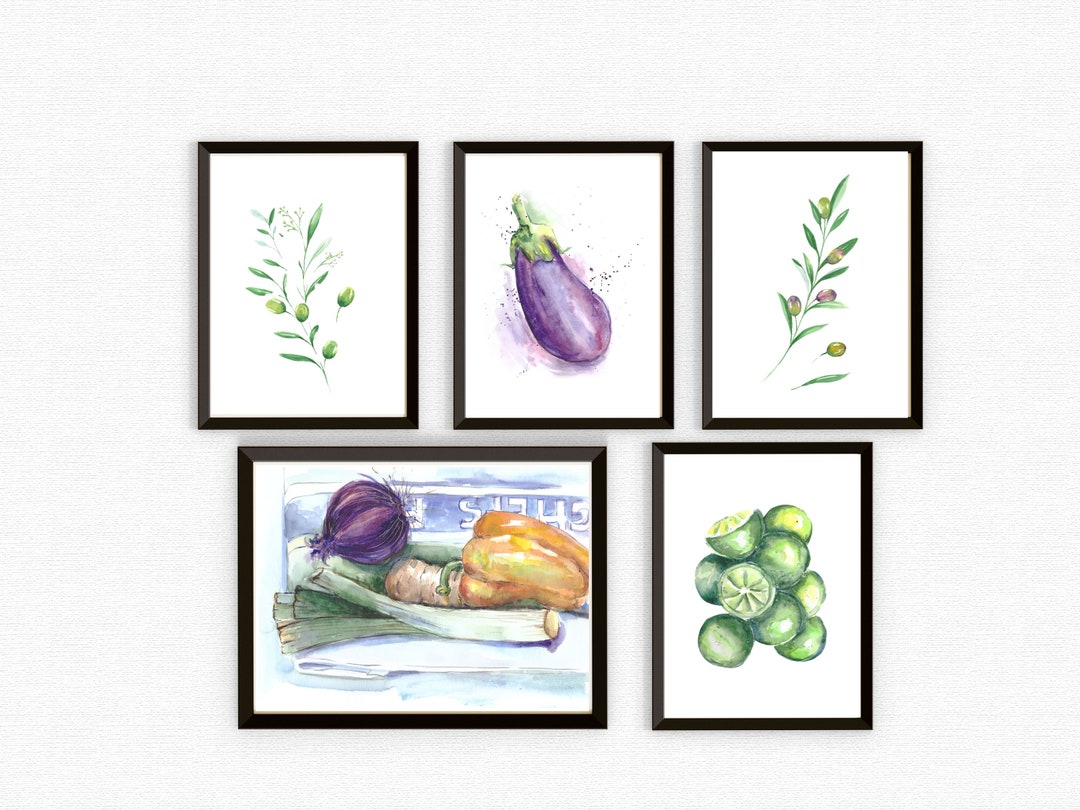 Printable Watercolor Set of 5, Fruits and Vegetables Wall Art, Kitchen ...