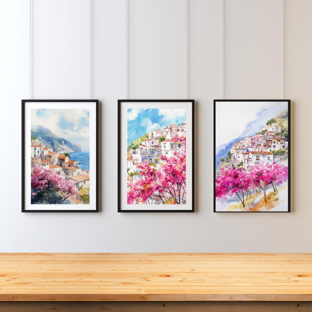 Amalfi Coast Watercolourpaintings Prints Set of 3, Positano Italy ...