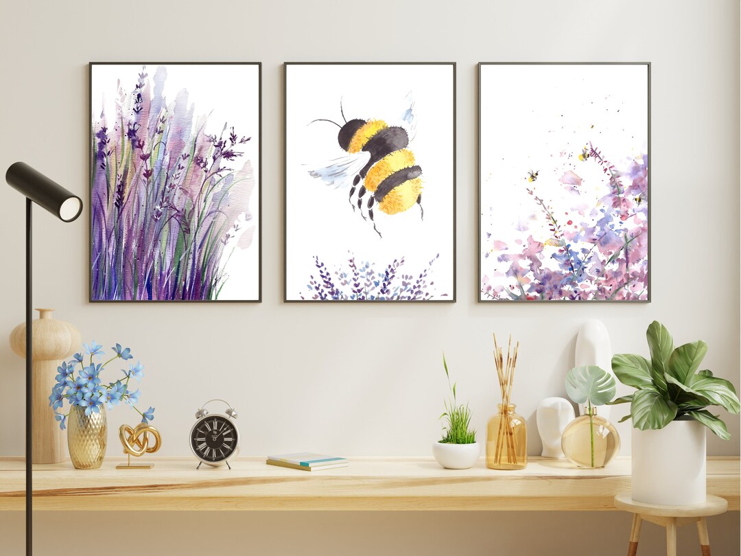 Lavender Watercolor Prints, Watercolor Bee and Lavender Art, Minimalist ...