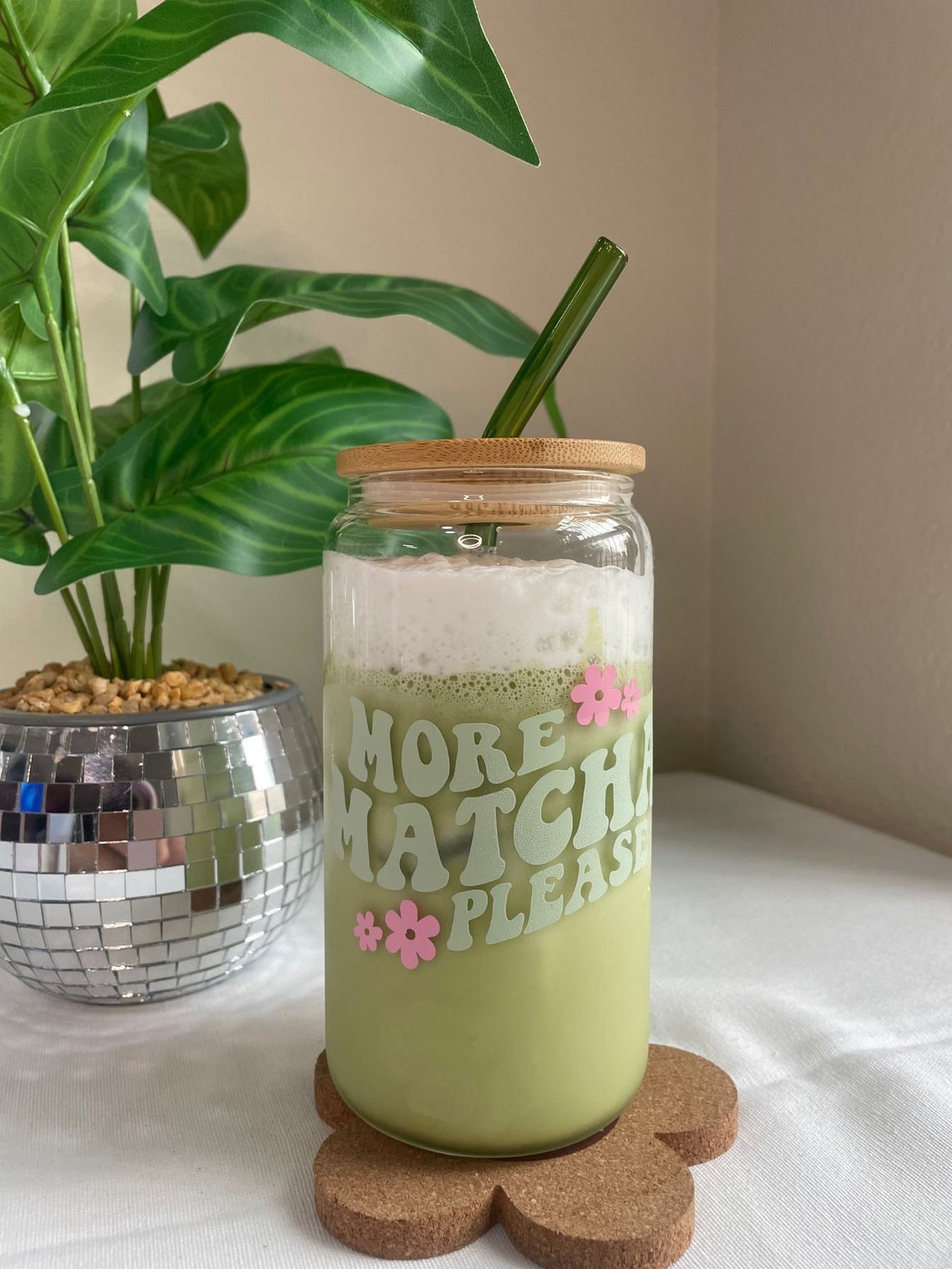 Matcha 16oz Glass Can With Lid and Straw, Green Matcha Cup, Iced Coffee ...