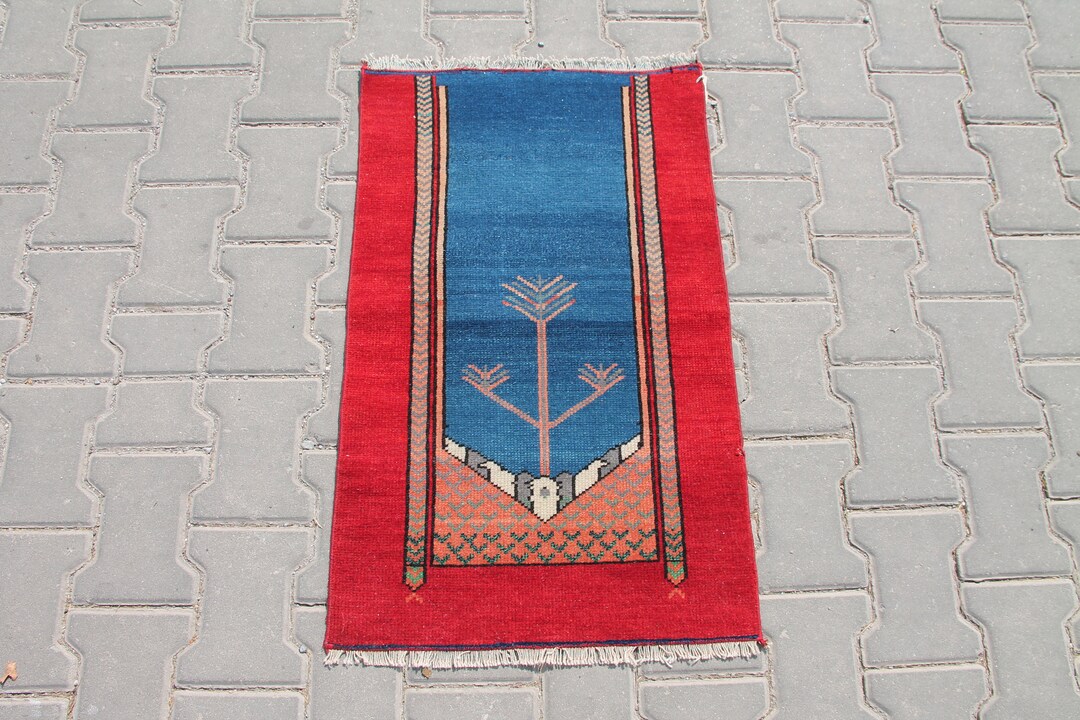 1x2 Ft Red & Blue Turkish Small Handmade Rug: Decorative Prayer Vintage ...