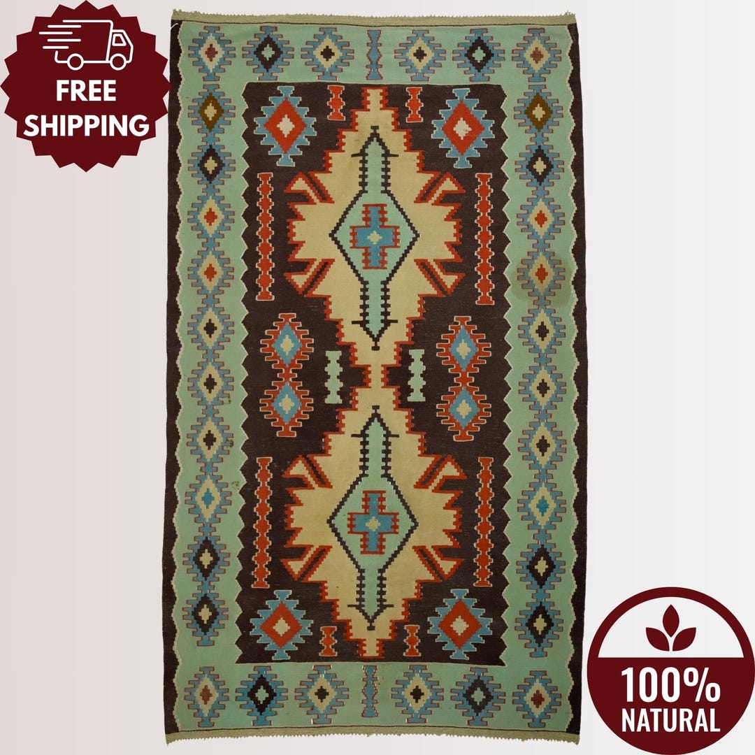 Vintage Turkish Kilim Rug: 5x8 Ft, Aztec Wool Rug - Etsy