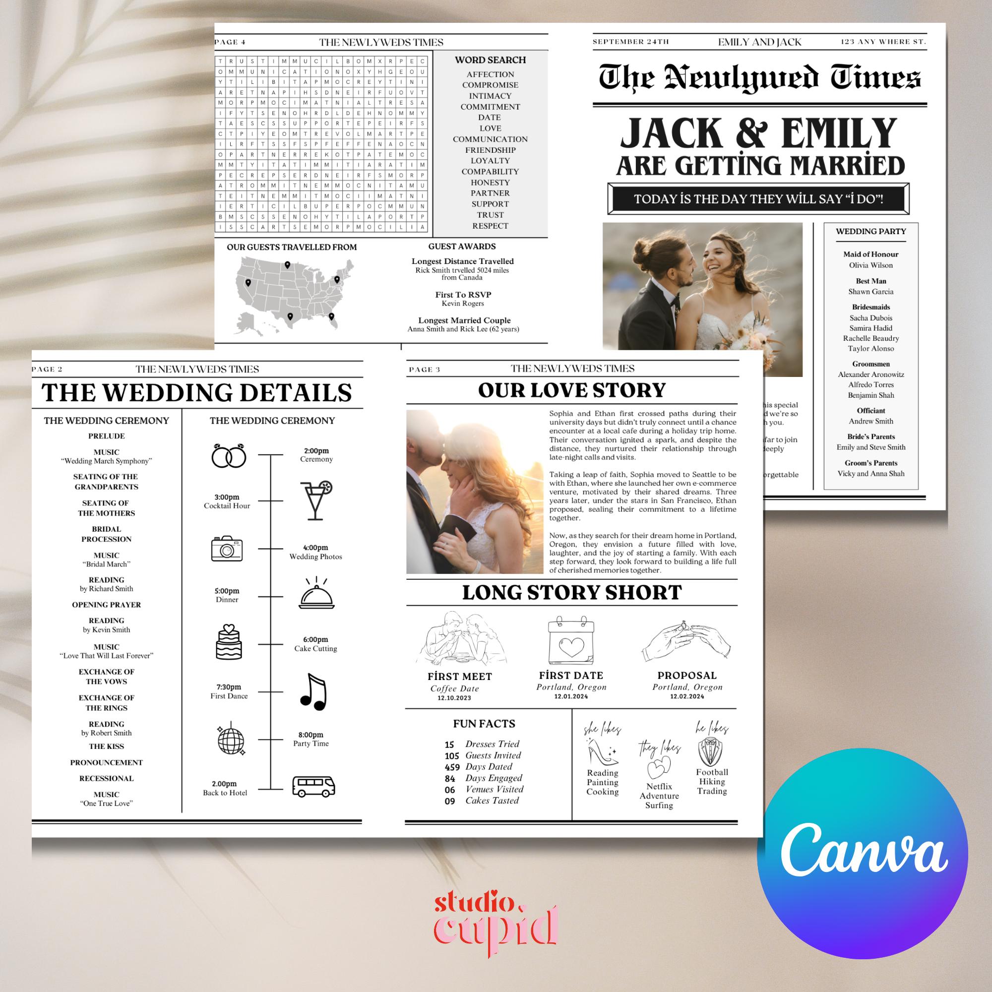 Newspaper Program Wedding Template, Newsletter Design, Wedding Details ...