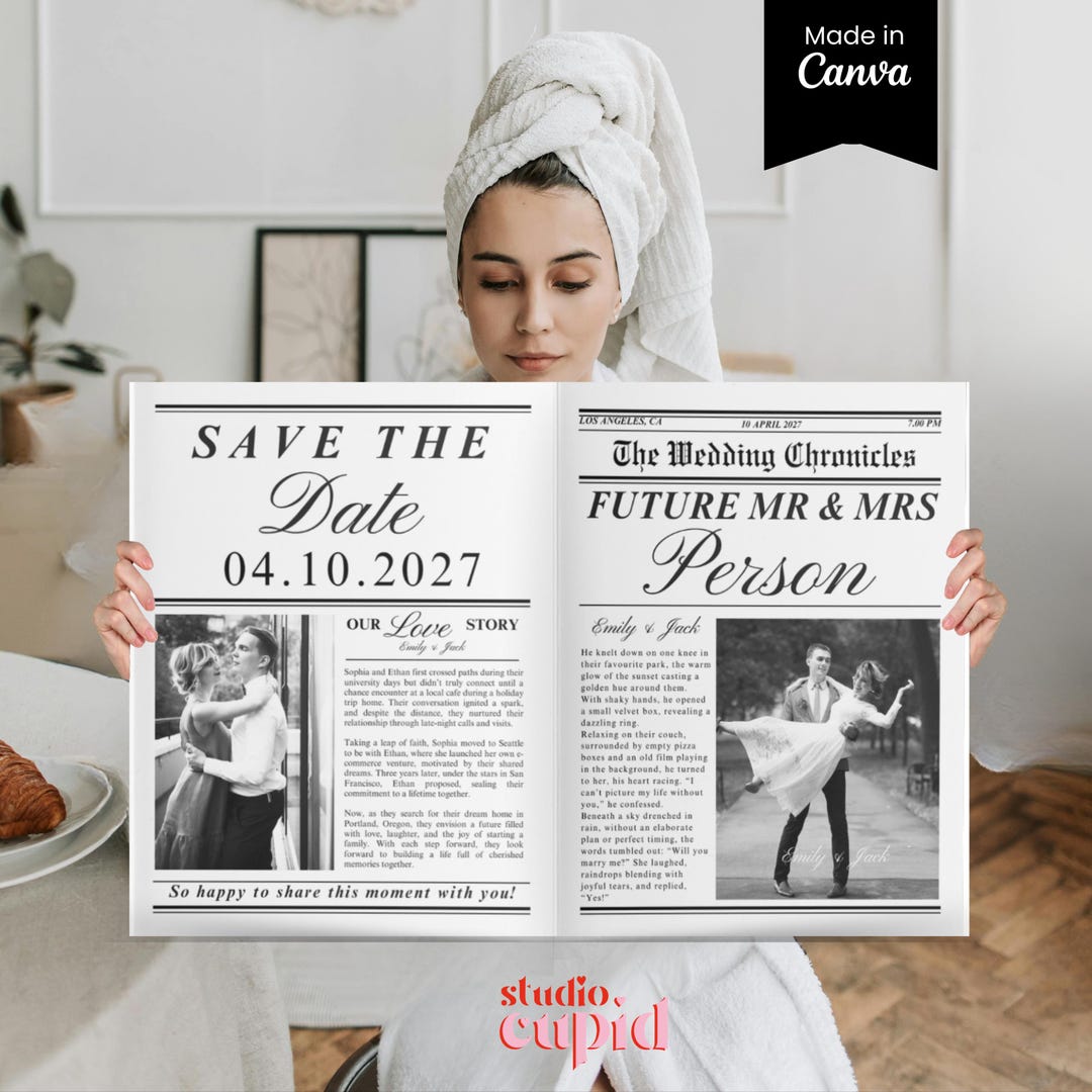 Engagement Newspaper Template, Custom Newspaper, Canva Save the Date ...