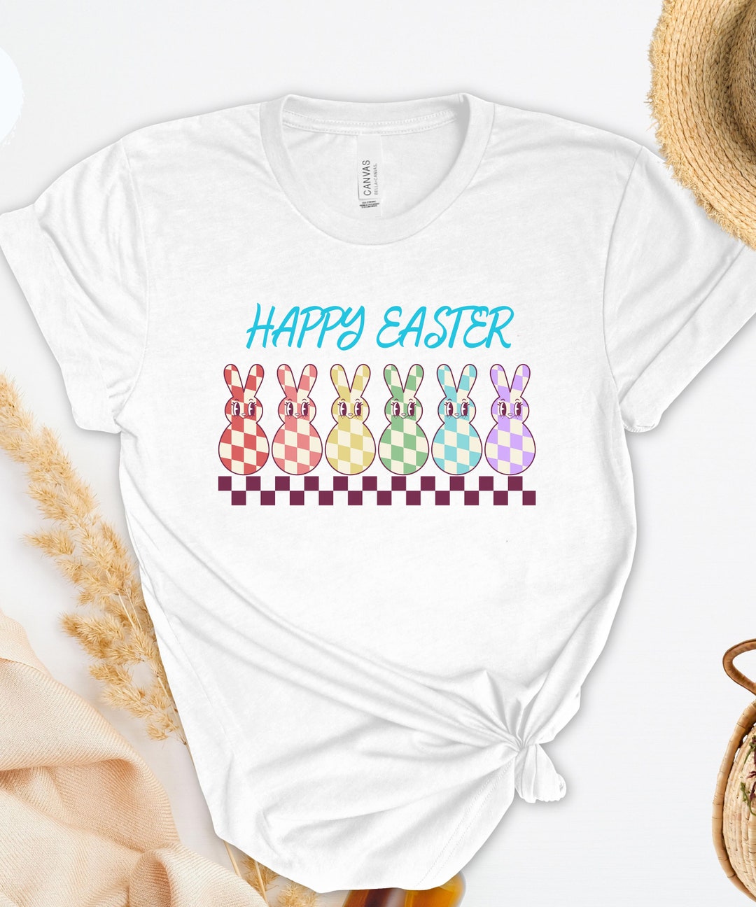 Happy Easter Checkered T-shirt, Retro Easter Checkered Bunny Shirt, Checkered Easter Bunny T ...