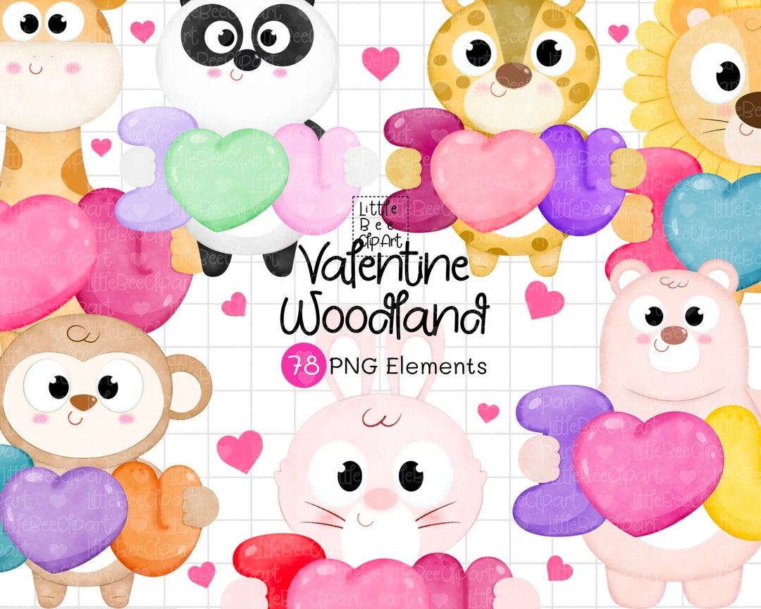 Valentine Woodland Animals Clipart Cute Kawaii Watercolor Digital Art ...