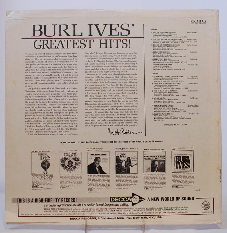 Burl Ives "greatest Hits", Vinyl Album, VG Condition+, 1967 - Etsy