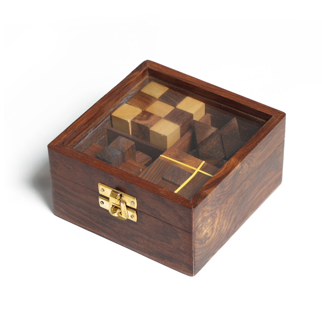 Wooden 4-in-1 3D Puzzle Game Set With Wooden Storage Box and Glass Lid ...