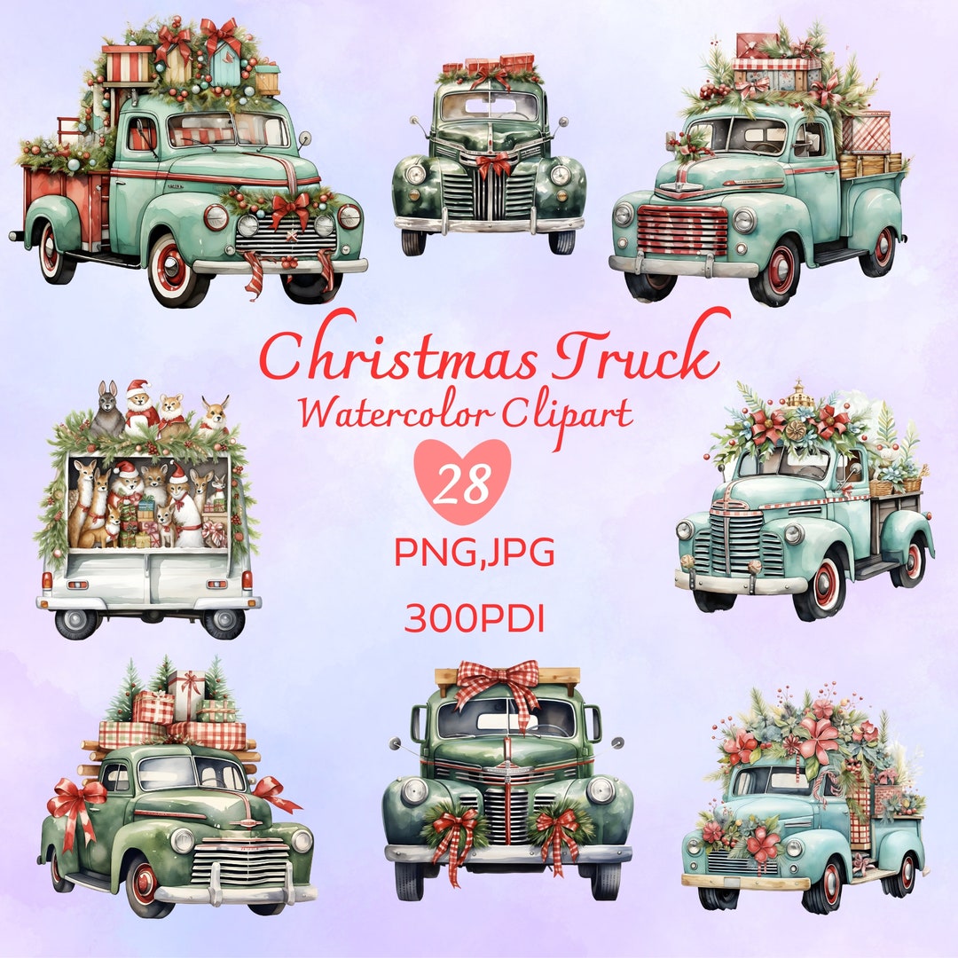 Watercolor Christmas Truck Clipart Vintage Truck Clipart - Etsy