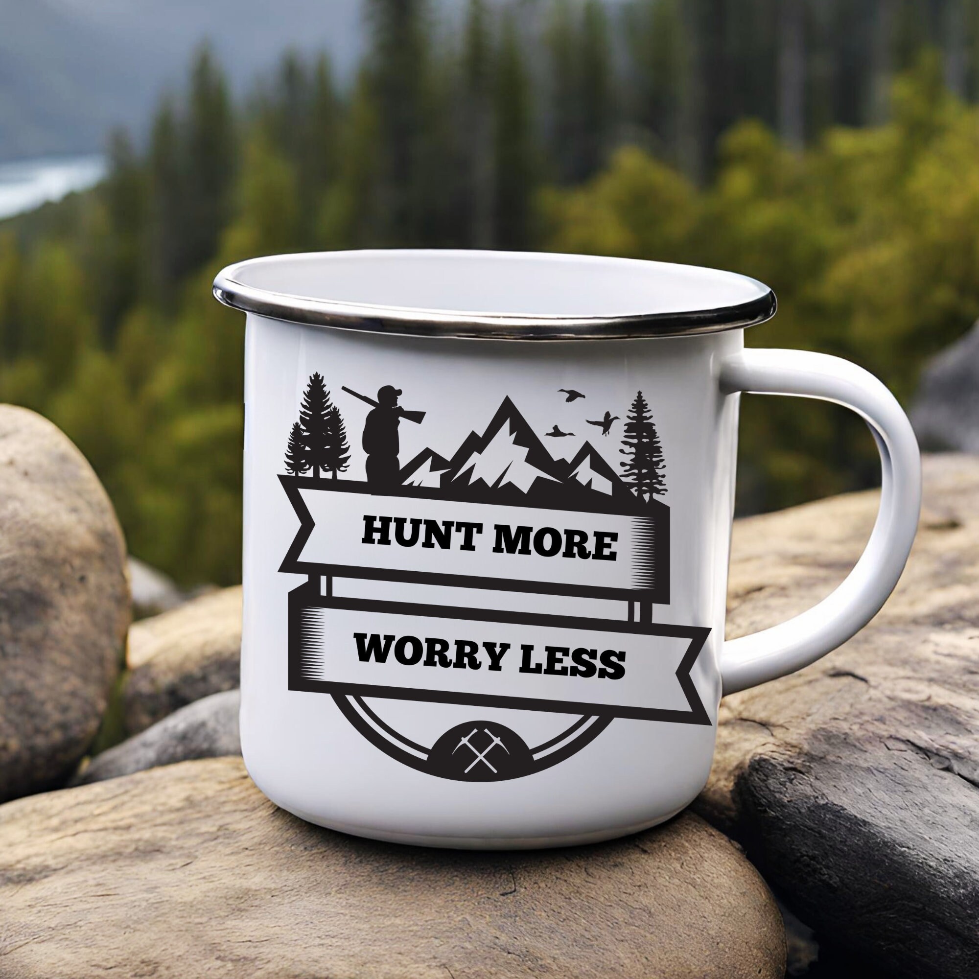 12oz Enamel Hunt More Worry Less Coffee Mug Gift for Hunter, Deer ...