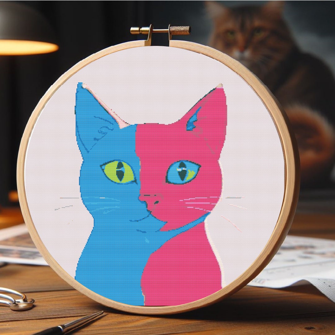Cross Stitch Pattern, Pink Blue Cat, Contrast Art, Vibrant Colors Cat ...