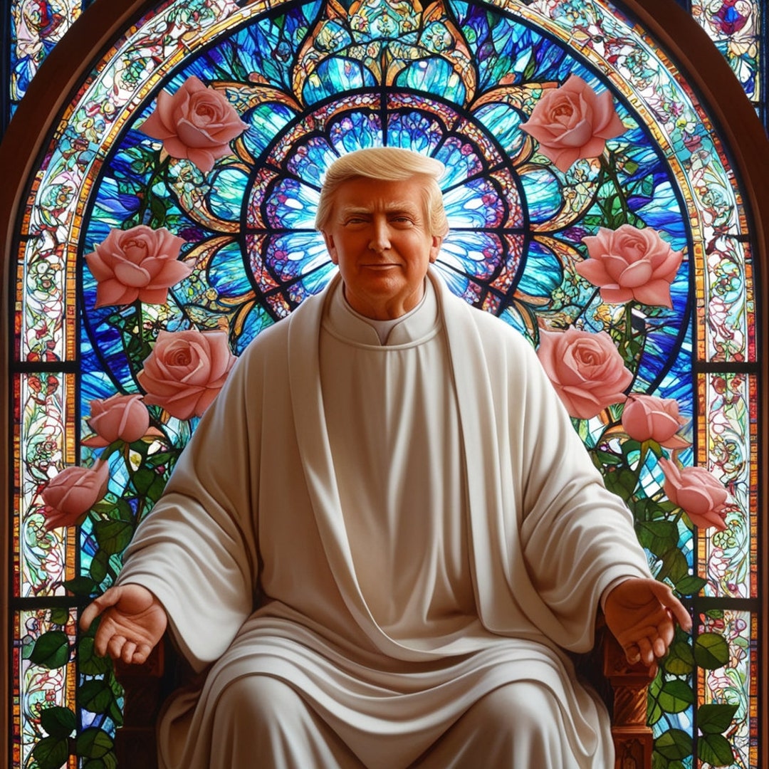 Donald Trump Sitting on a Throne in Front of Stained Glass Cross Stitch ...