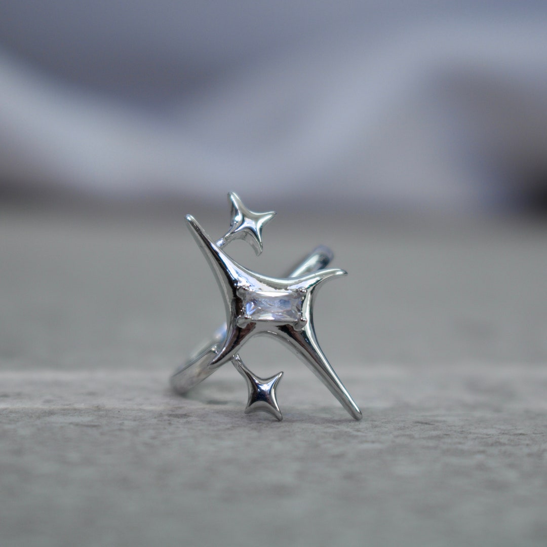 Silver Star Ring, Silver Adjustable Open Ring, Shiny Star Crystal Ring, Minimalist Ring, Unique ...