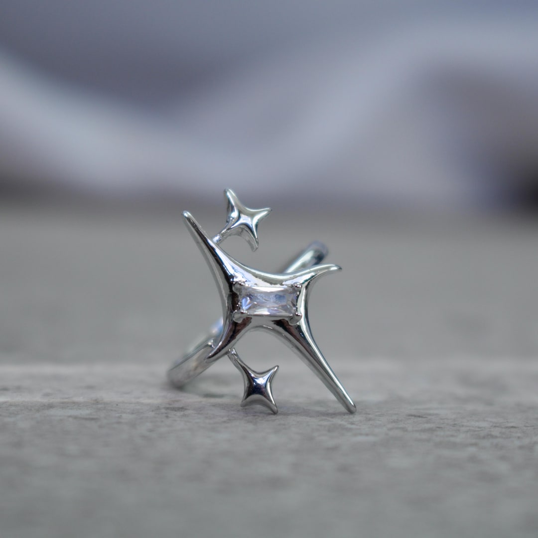 Silver Star Ring, Silver Adjustable Open Ring, Shiny Star Crystal Ring, Minimalist Ring, Unique ...