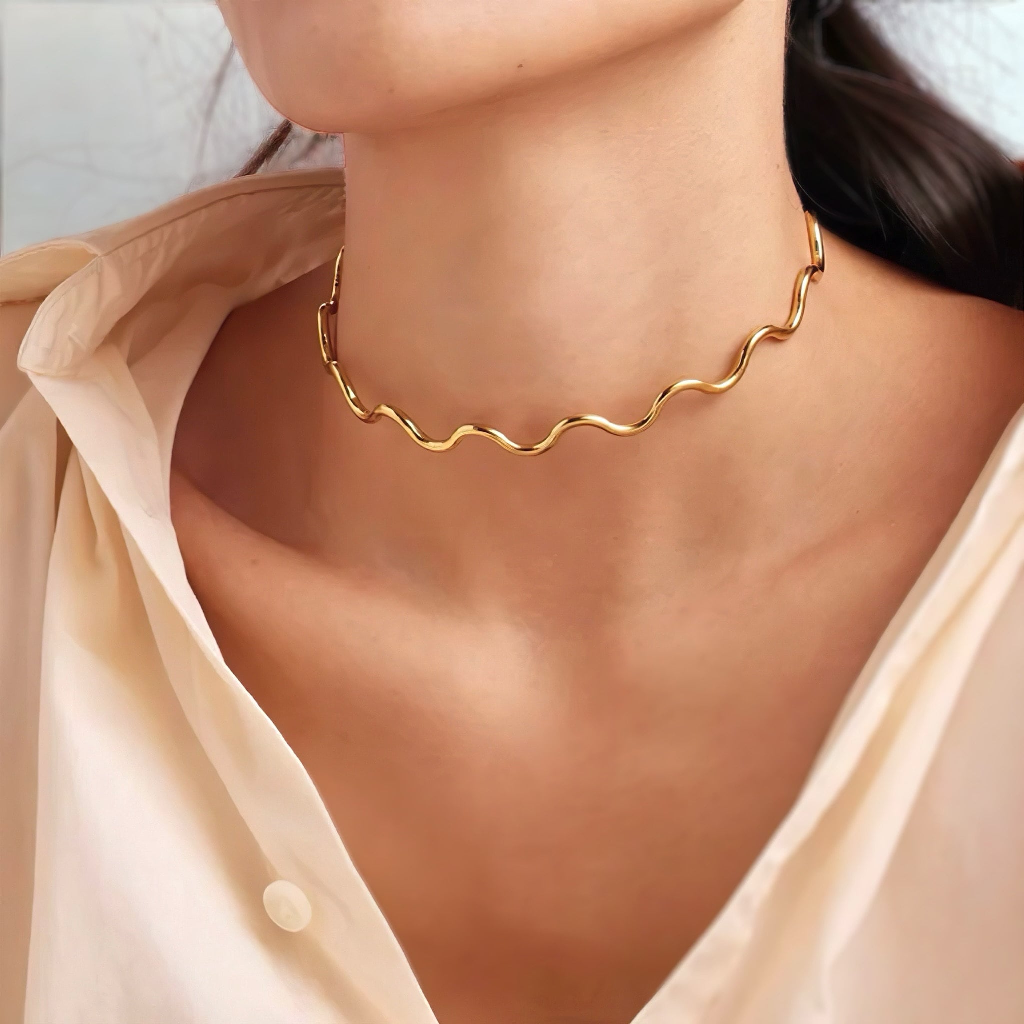 18k Gold Zig-zag Choker, Thick & Thin Zigzag Choker, Minimalist Choker ...