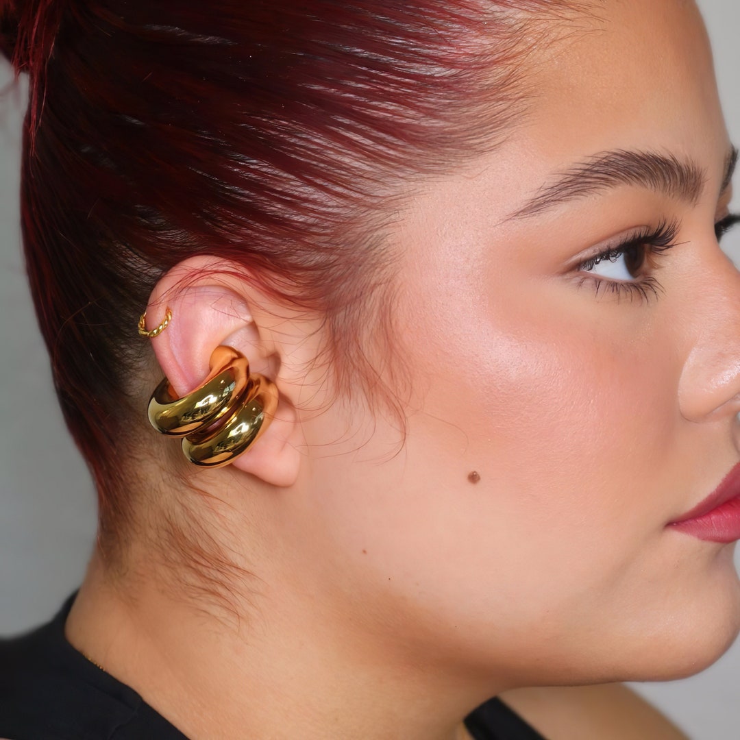 Chunky Ear Cuff Earrings, Gold Cylindrical Ear Cuff Earrings, Classic C ...