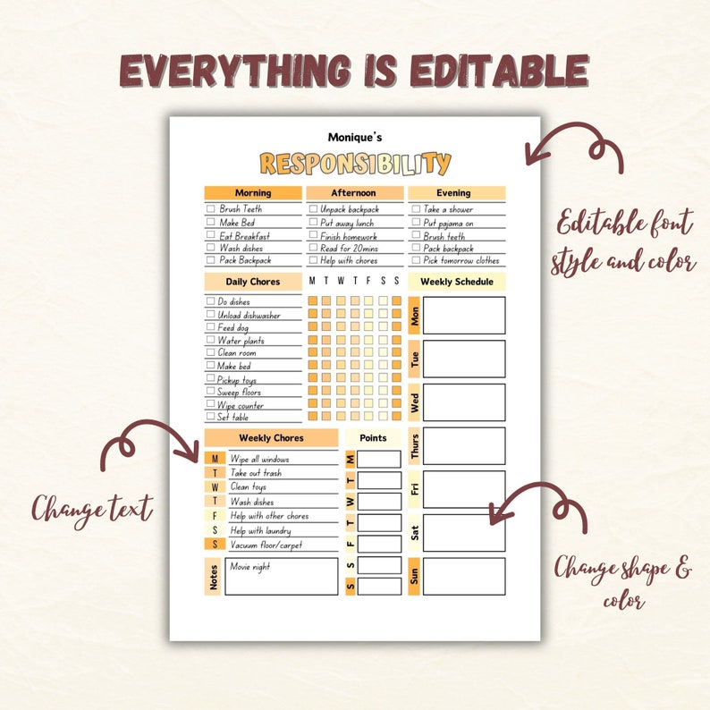 Editable Kids Chore Chart Bundle, Kids Checklist, Children Daily Weekly ...