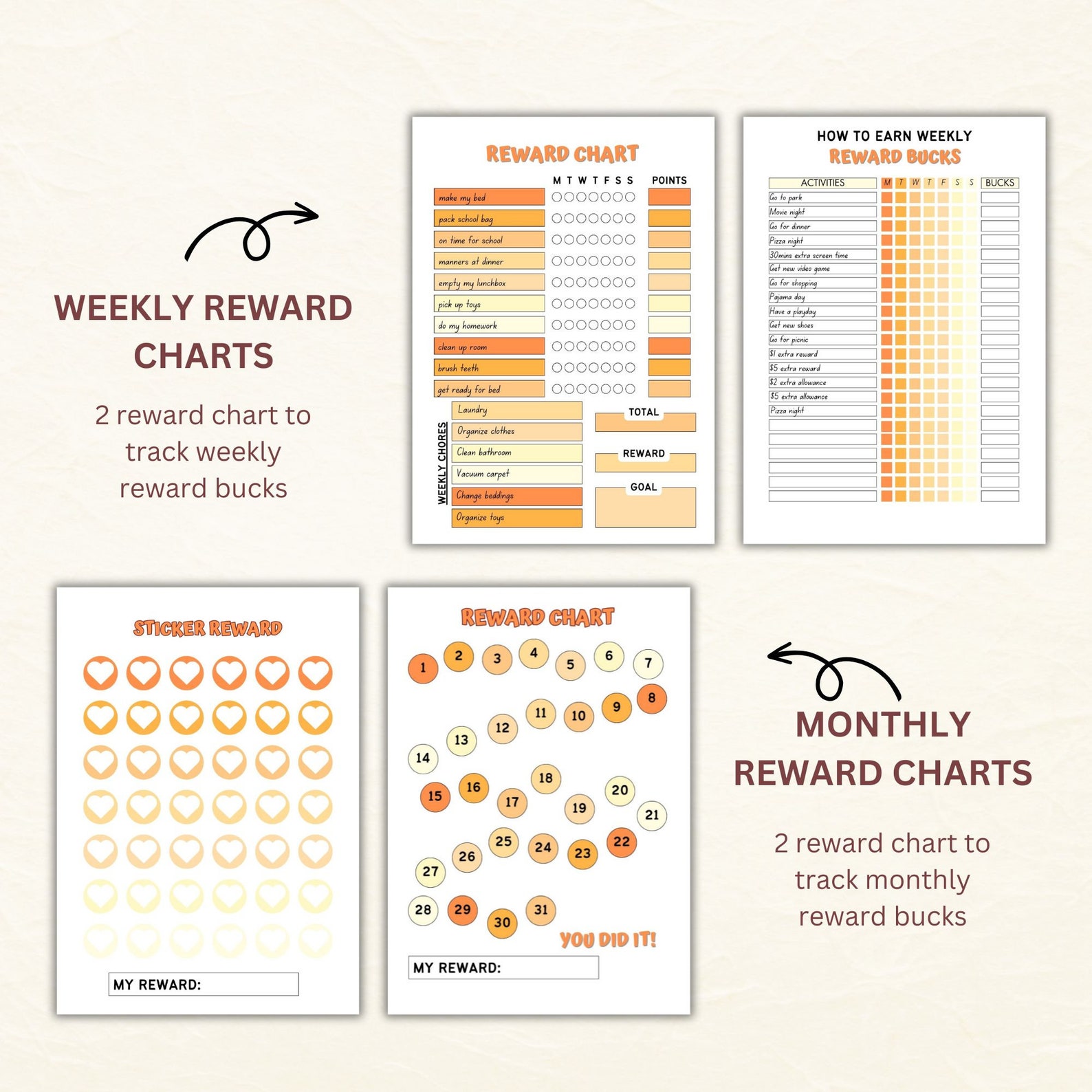 Editable Kids Reward Bucks & Chart, Printable Reward Coupons, Mom Bucks ...