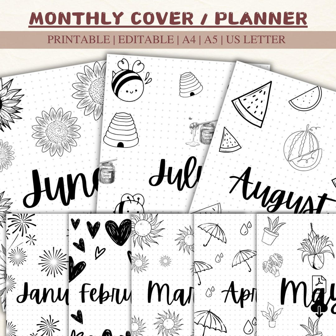 12 Monthly Planner Cover Pages Printable, A5 Journal Inserts, Bullet ...