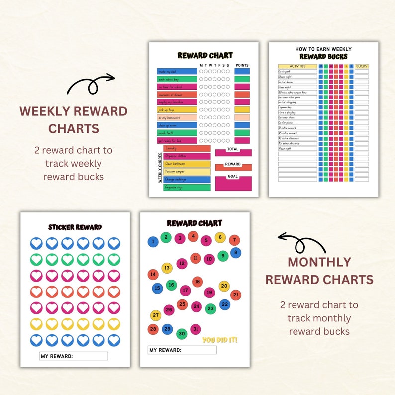 Editable Chore Chart for Kids, Chore List, Kids Reward Bucks, Reward ...