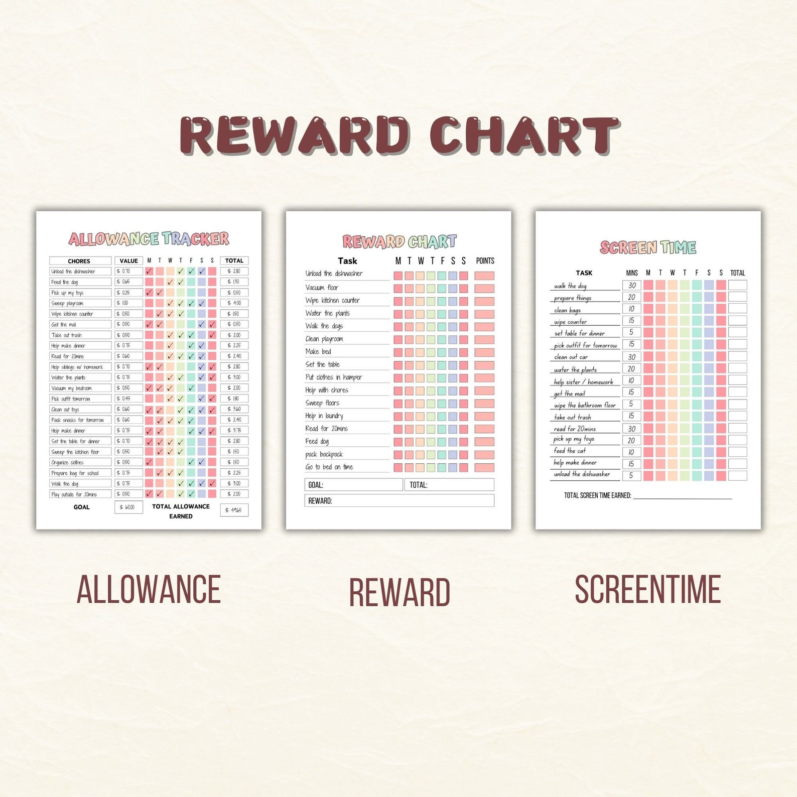 Editable Kids Chore Charts, Reward, Allowance, Screen Time, School ...