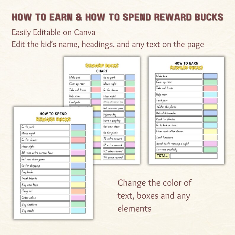 Editable Kids Reward Bucks & Chore Chart: Rainbow Printable (digital ...