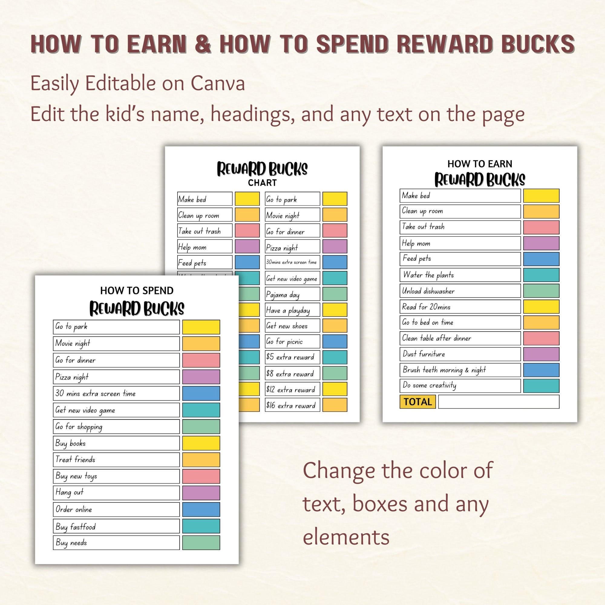 Editable Kids Reward Bucks Chart, Printable Chore Behavior Incentive ...