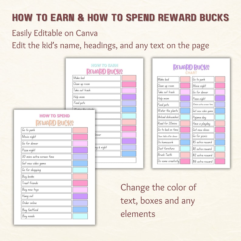 Editable Kids Reward Bucks & Chart, Printable Reward Coupons, Mom Bucks ...