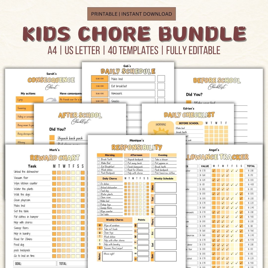 Editable Kids Chore Charts, Reward, Allowance, Screen Time, School ...