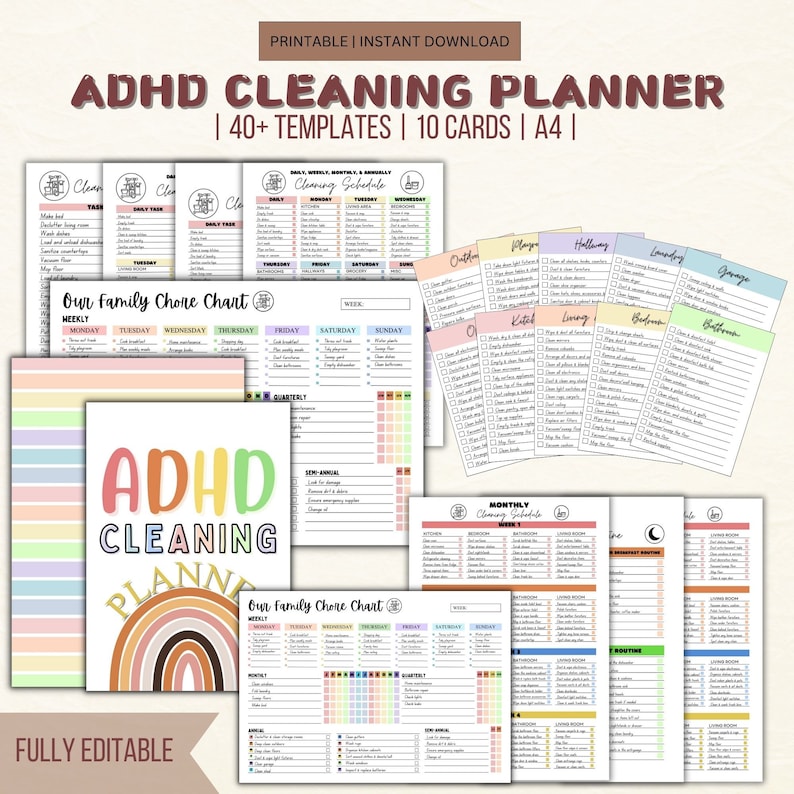 ADHD Cleaning Checklist Bundle, Editable ADHD Cleaning Planner, Adult ...