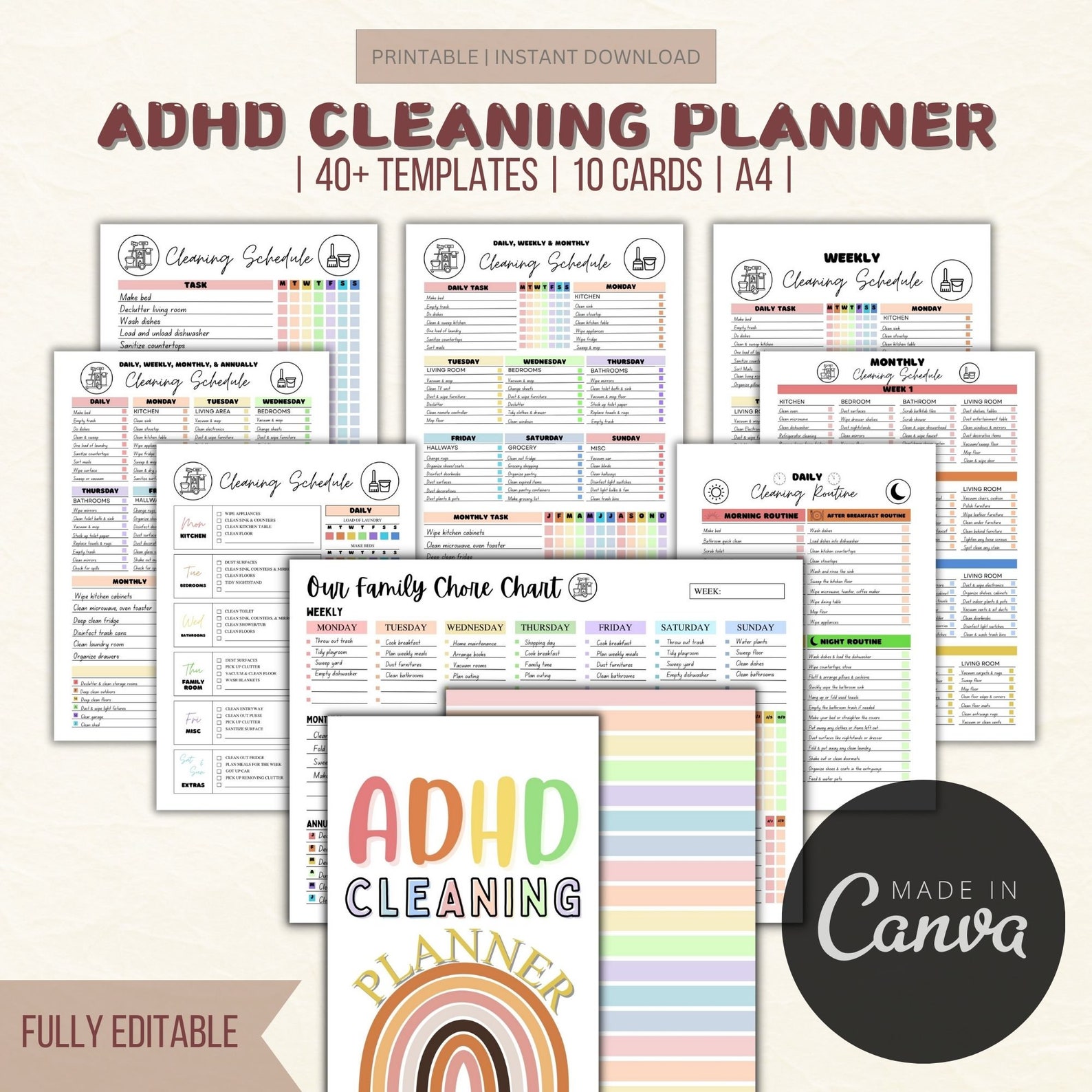 ADHD Cleaning Checklist Bundle, Editable ADHD Cleaning Planner, Adult ...