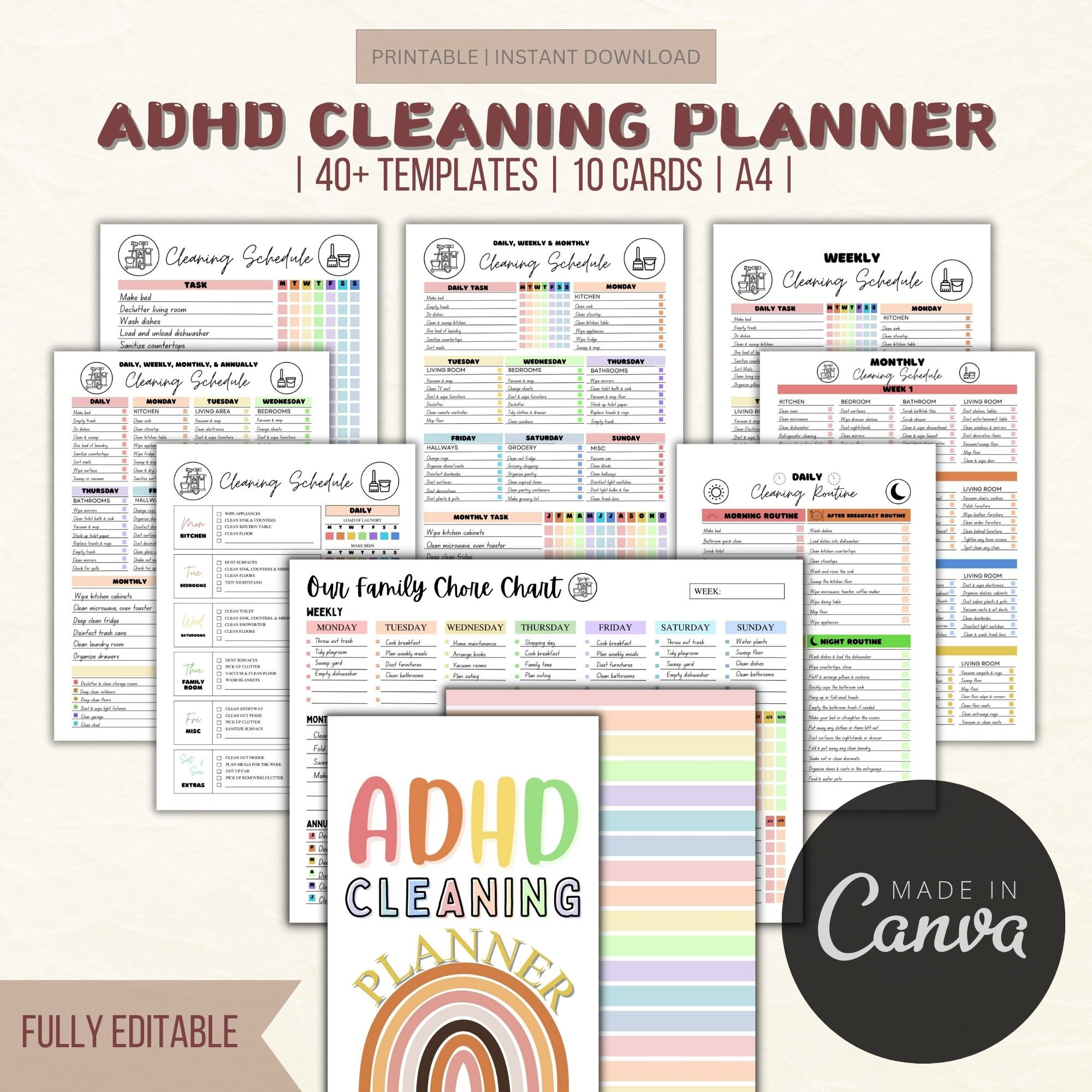 ADHD Cleaning Checklist Bundle, Editable ADHD Cleaning Planner, Adult ...