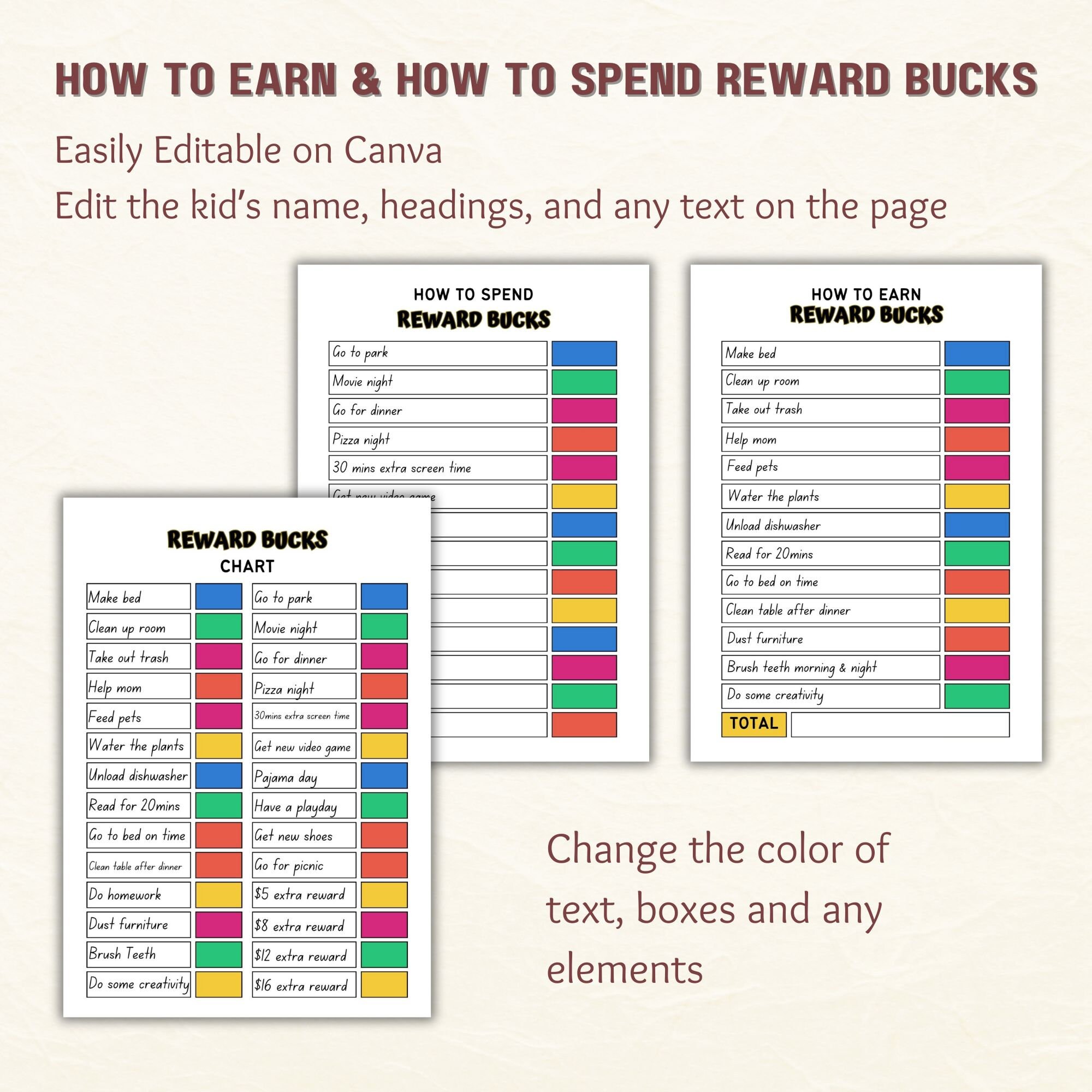 Editable Chore Chart for Kids, Chore List, Kids Reward Bucks, Reward ...