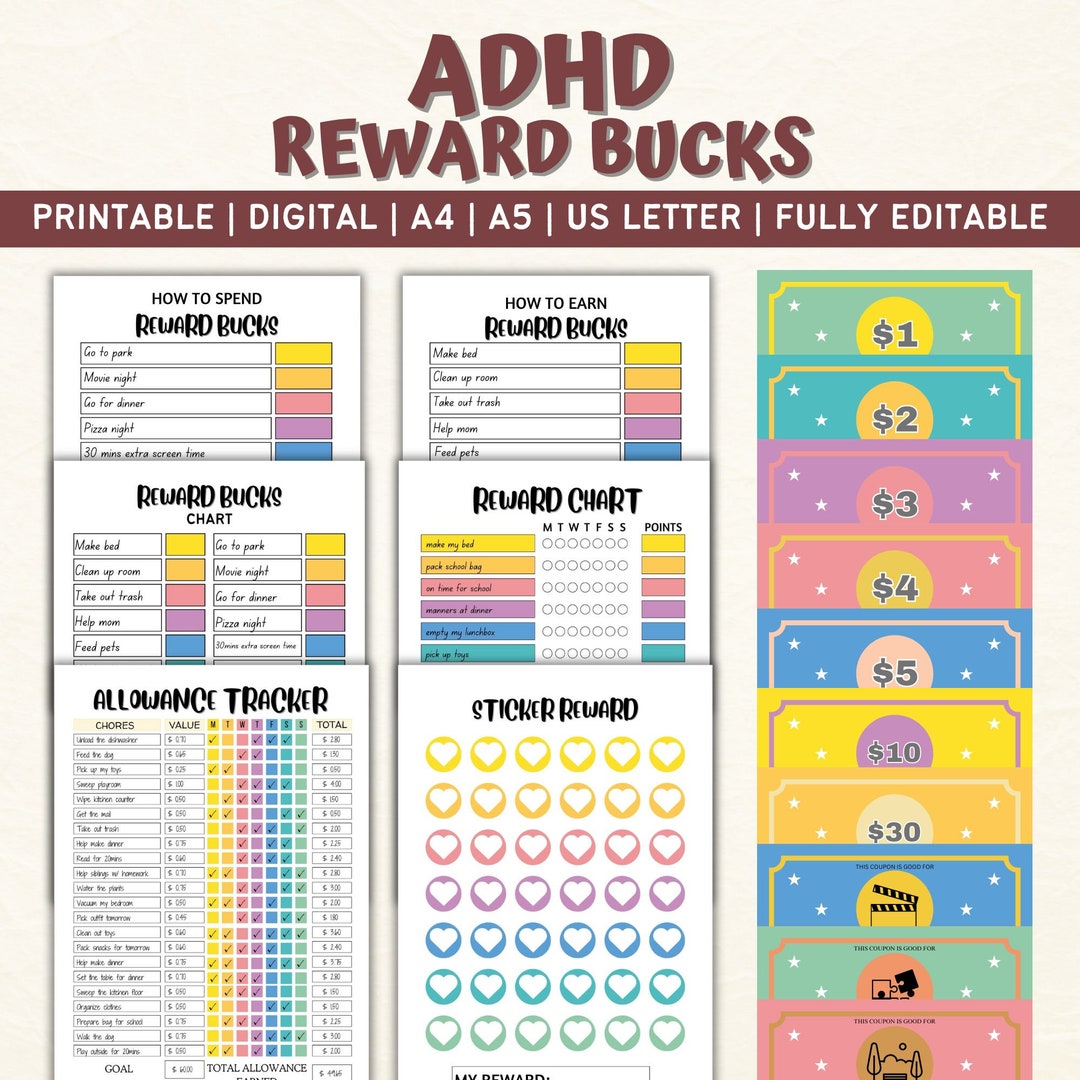 Editable Kids Reward Bucks Chart, Printable Chore Behavior Incentive ...