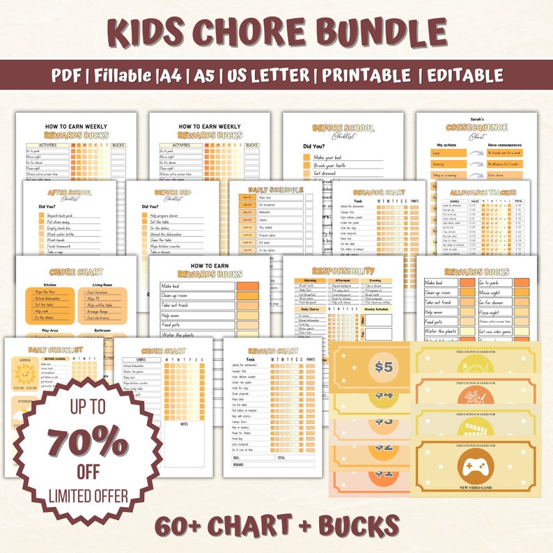 Editable Kids Chore Chart Bundle, Kids Checklist, Children Daily Weekly ...