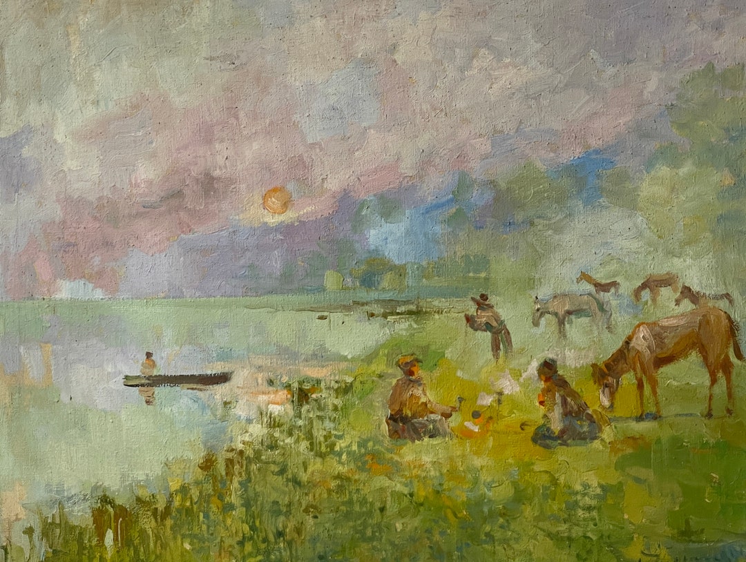 Bright Impressionism Oil Painting "dawn on the River" Original Vintage ...