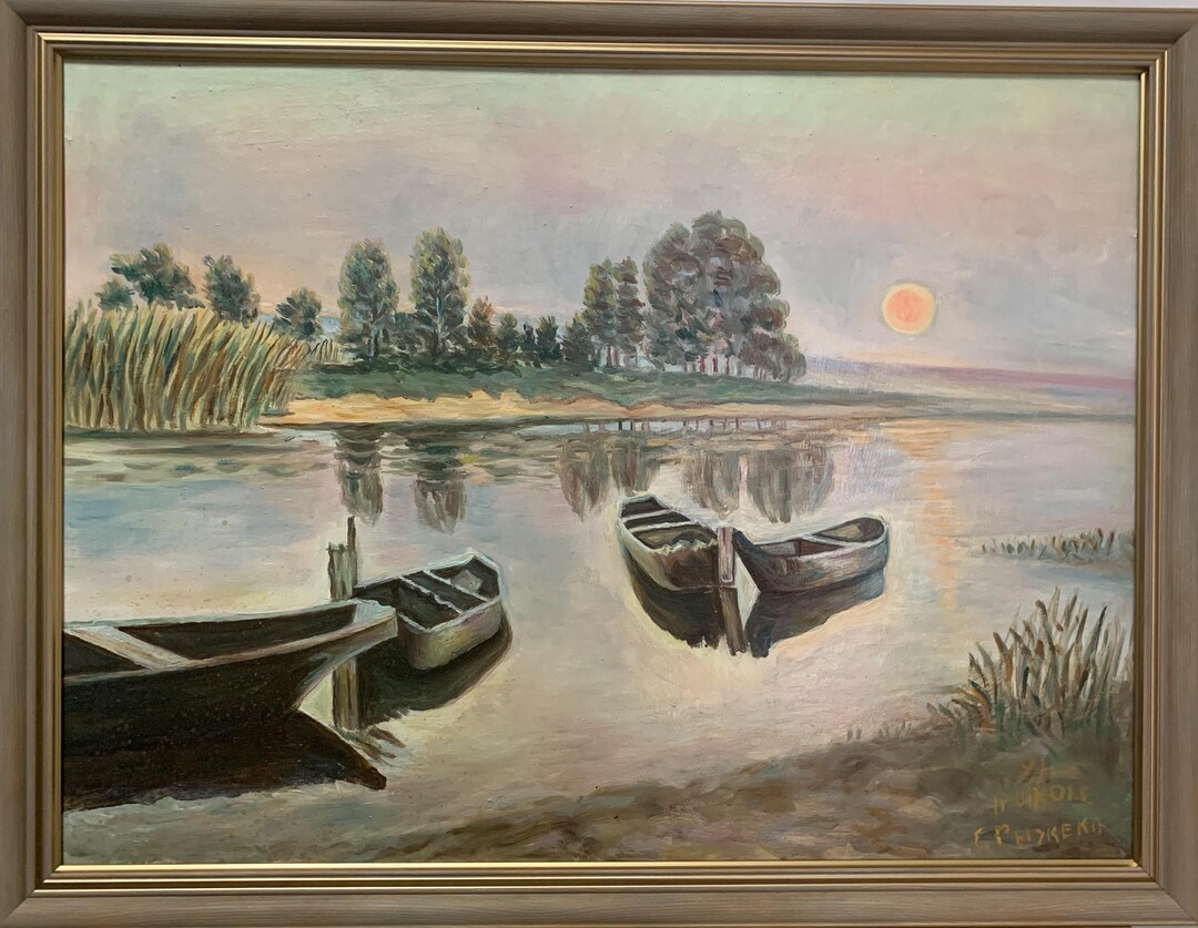Bright Expressionist Oil Painting “boats on the River” Original Vintage ...