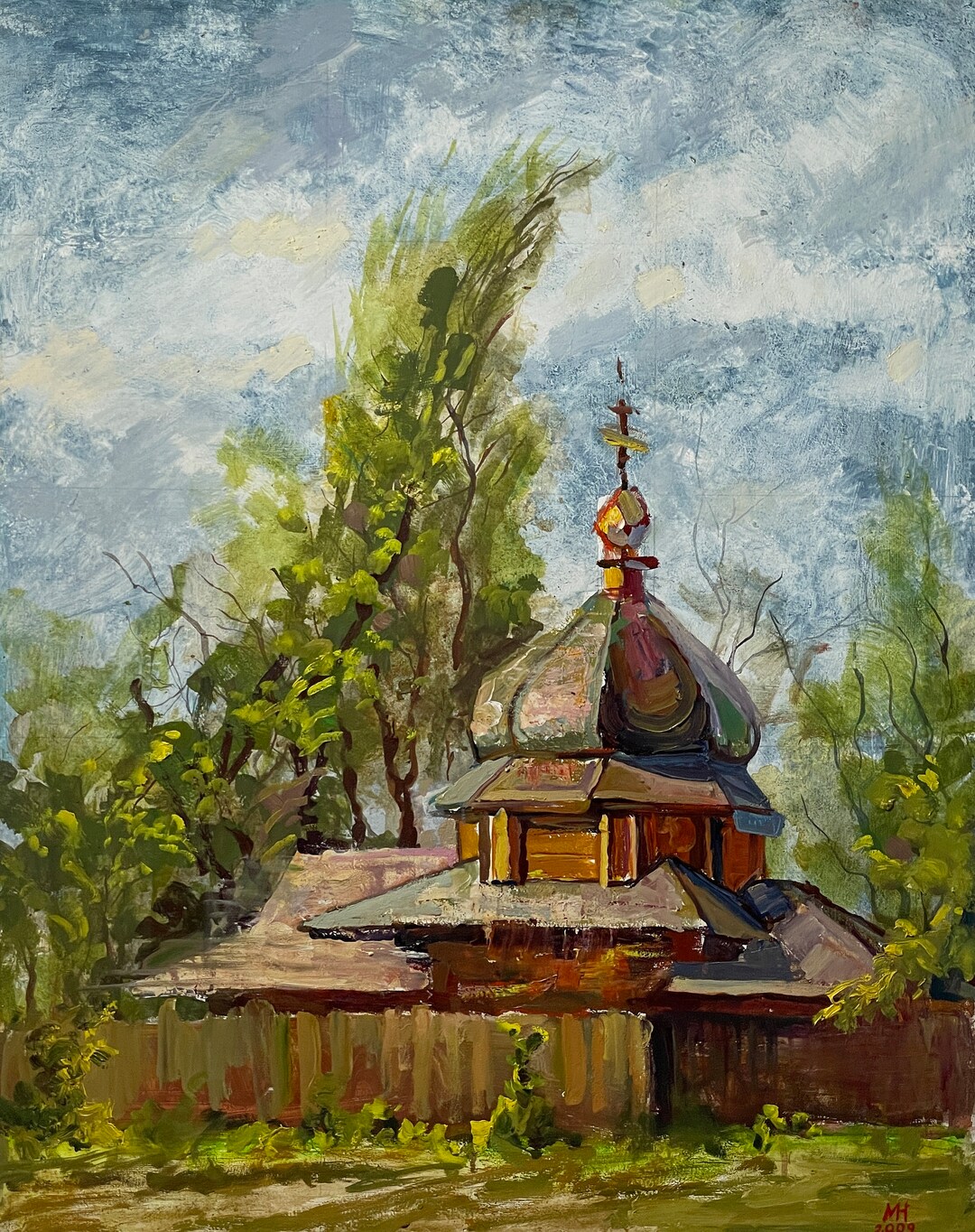 Bright Impressionism Oil Painting wooden Old Church Original Vintage ...